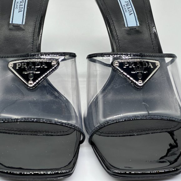 Prada | Shoes | Prada Signature Triangle Logo Pvc Patent Mule Sandals ...